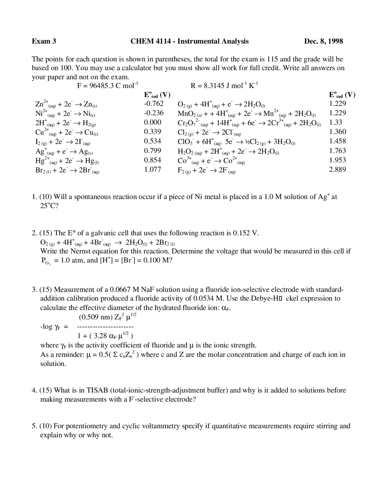 Old Exam 3 Questions Instrumental Analysis Fall 1998 Chem 4114