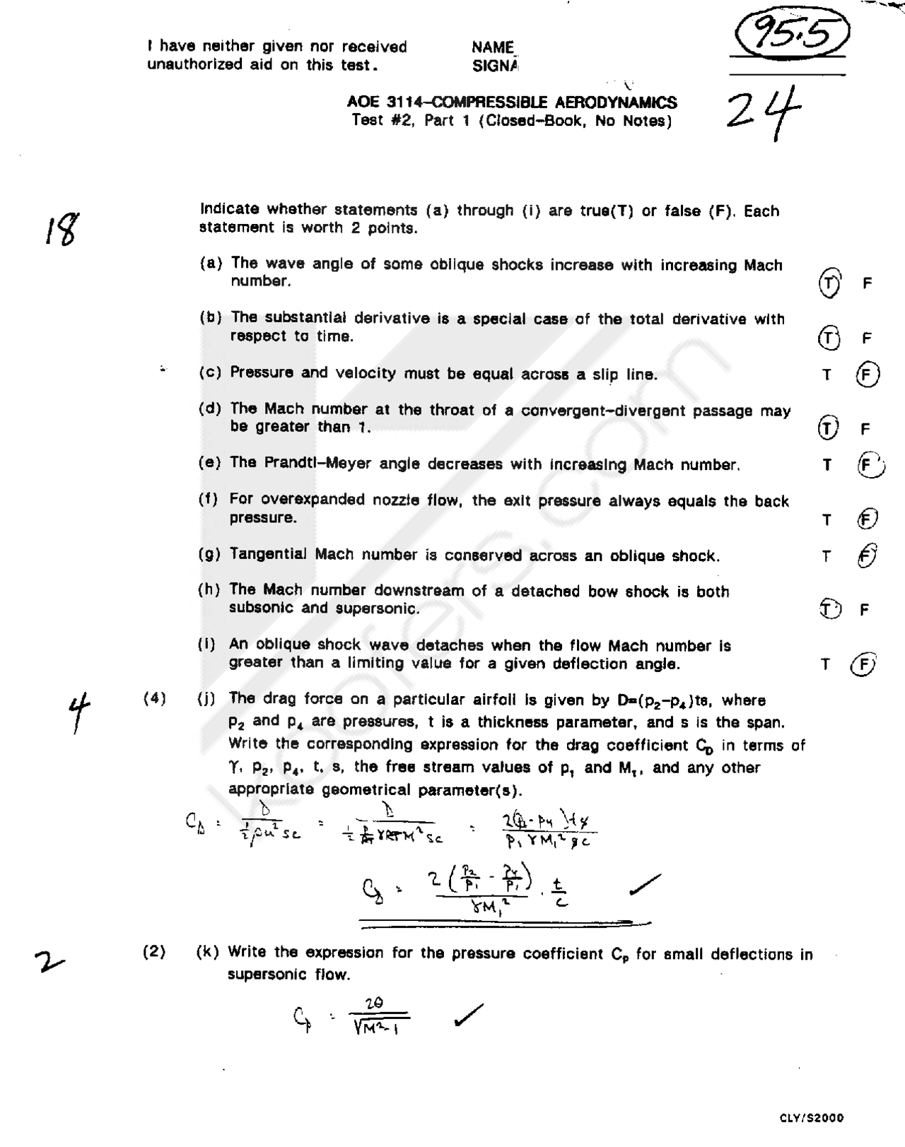 Test 2 Solved Compressible Aerodynamics Aoe 3114 Docsity