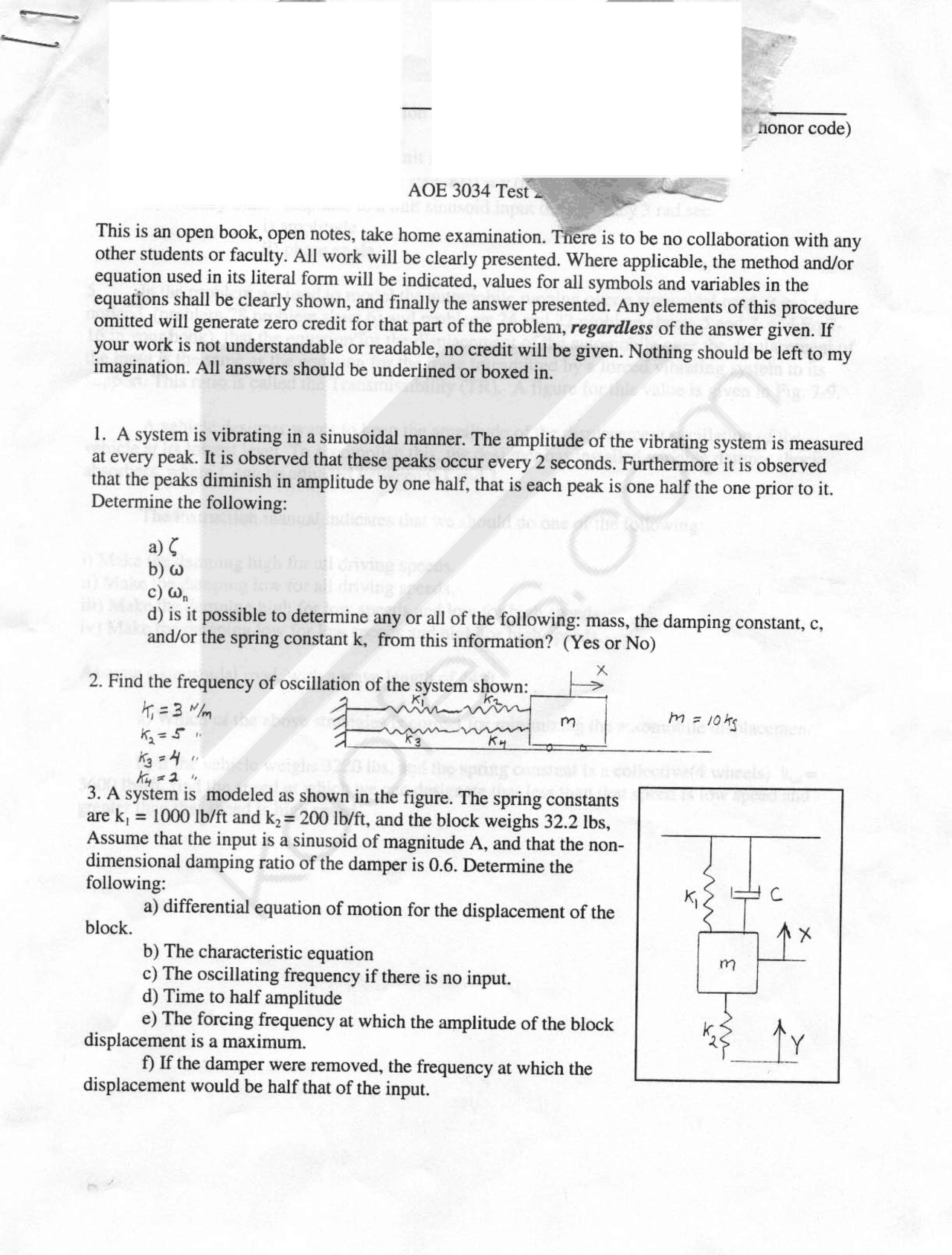 5 Solved Problems On Vehicle Vibration And Control Exam 2 Aoe 3034
