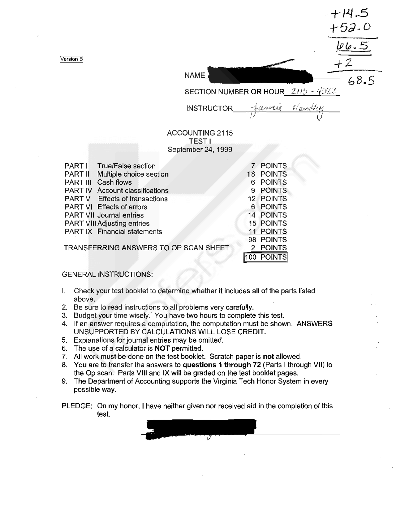 Test 1 With Answer Key Principles Of Accounting Acis 2115 Docsity