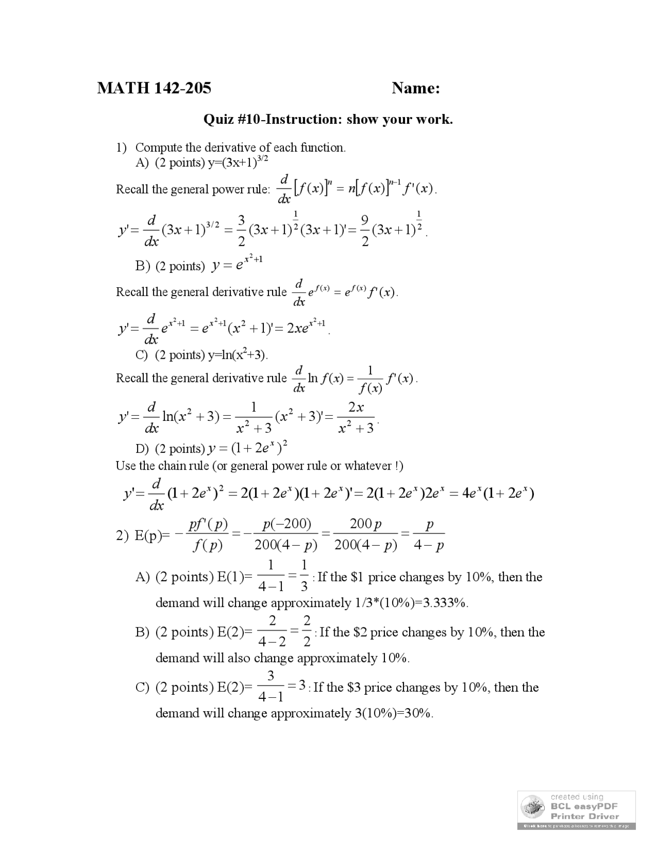Quiz 10 Questions For Business Mathematics Ii Math 142 Docsity