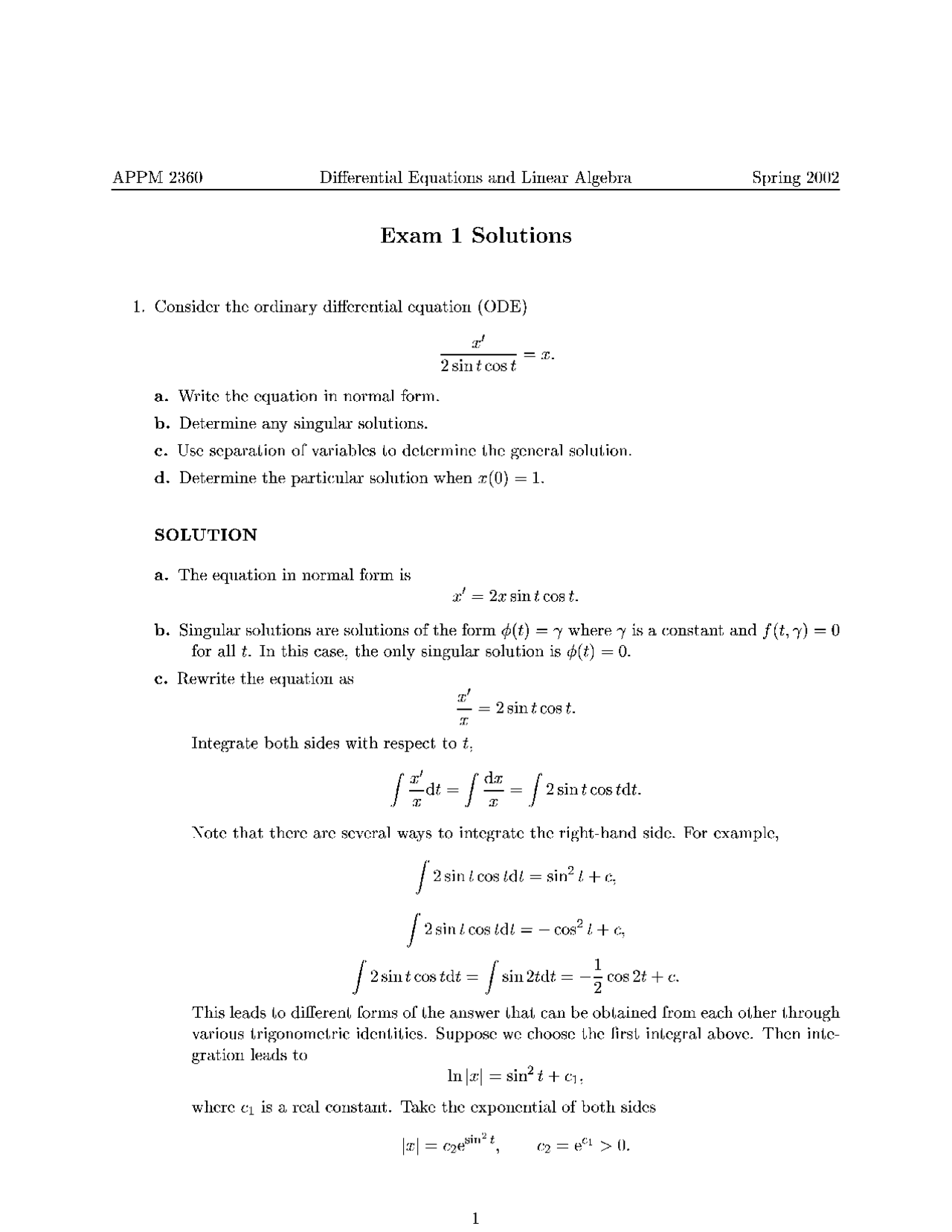 Exam 1 Solutions Introduction To Differential Equations With Linear
