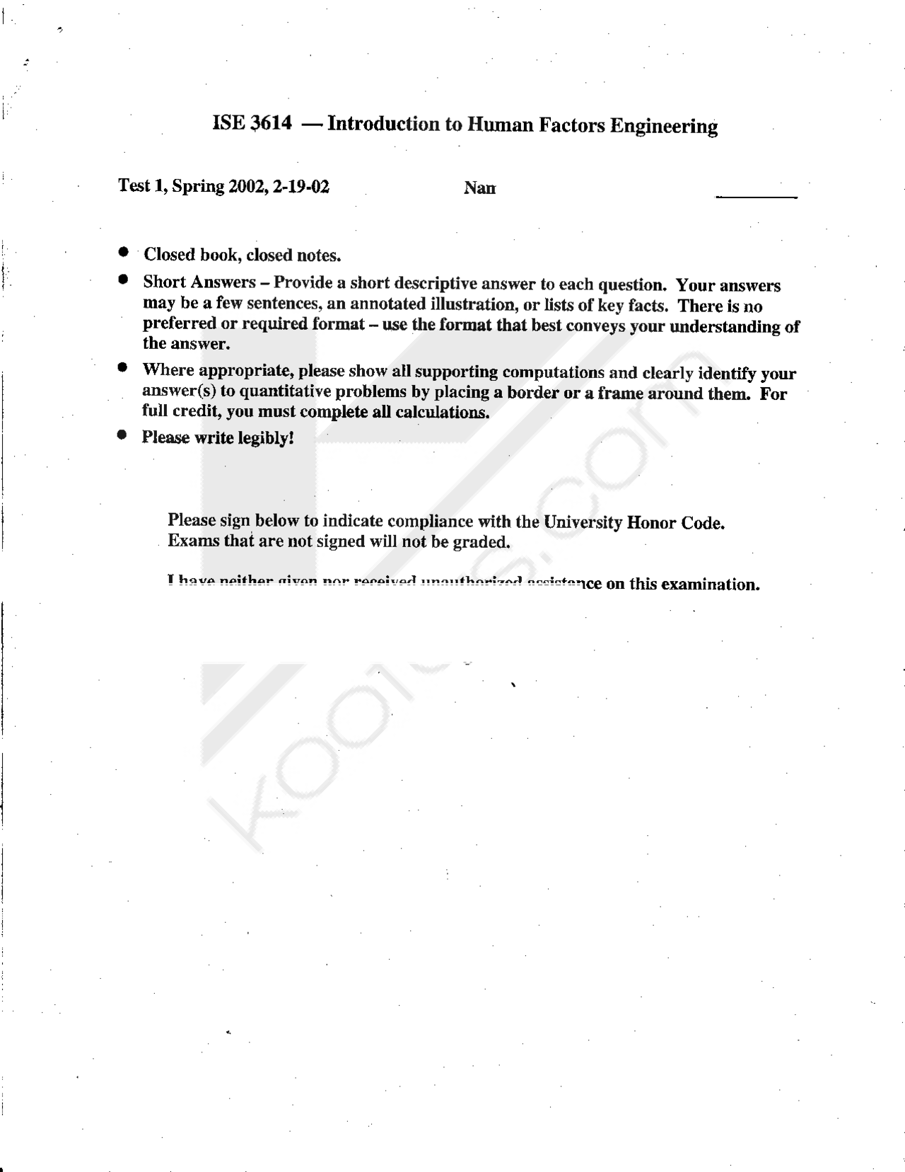 Test 1 - Human Factors Ergon Engineering | ISE 3614 - Docsity