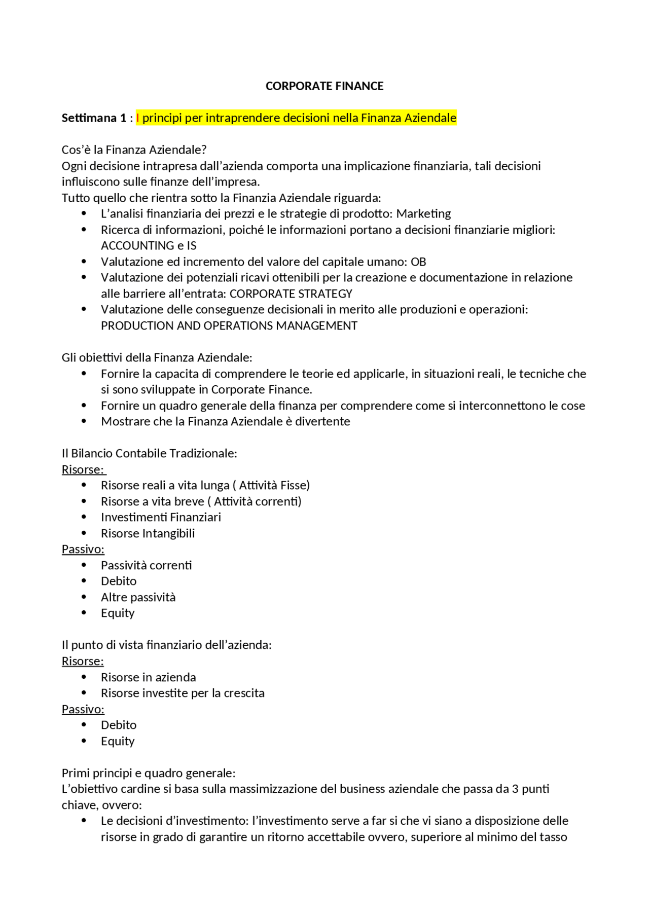 Corporate Finance Prima Parte Docsity