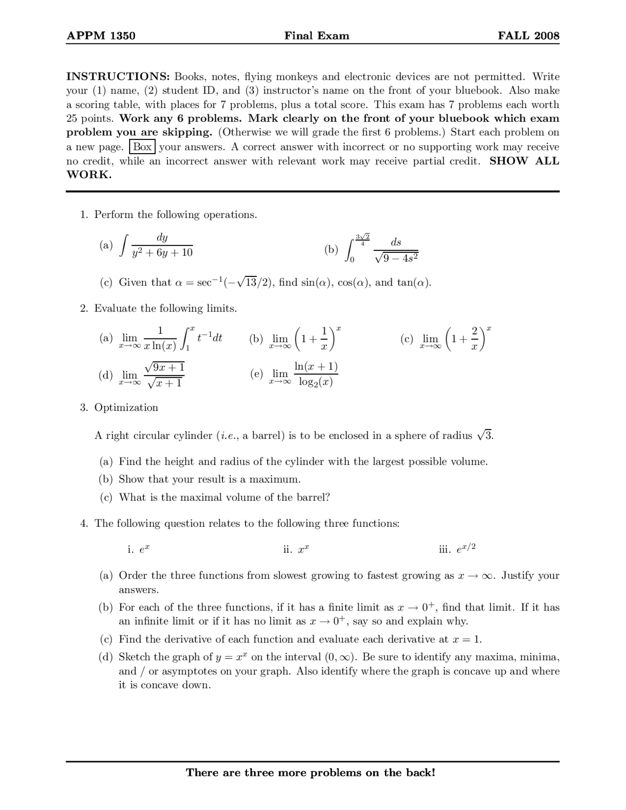 APPM 1350 Fall 2008 Final Exam: Mathematics | Exams Mathematics | Docsity
