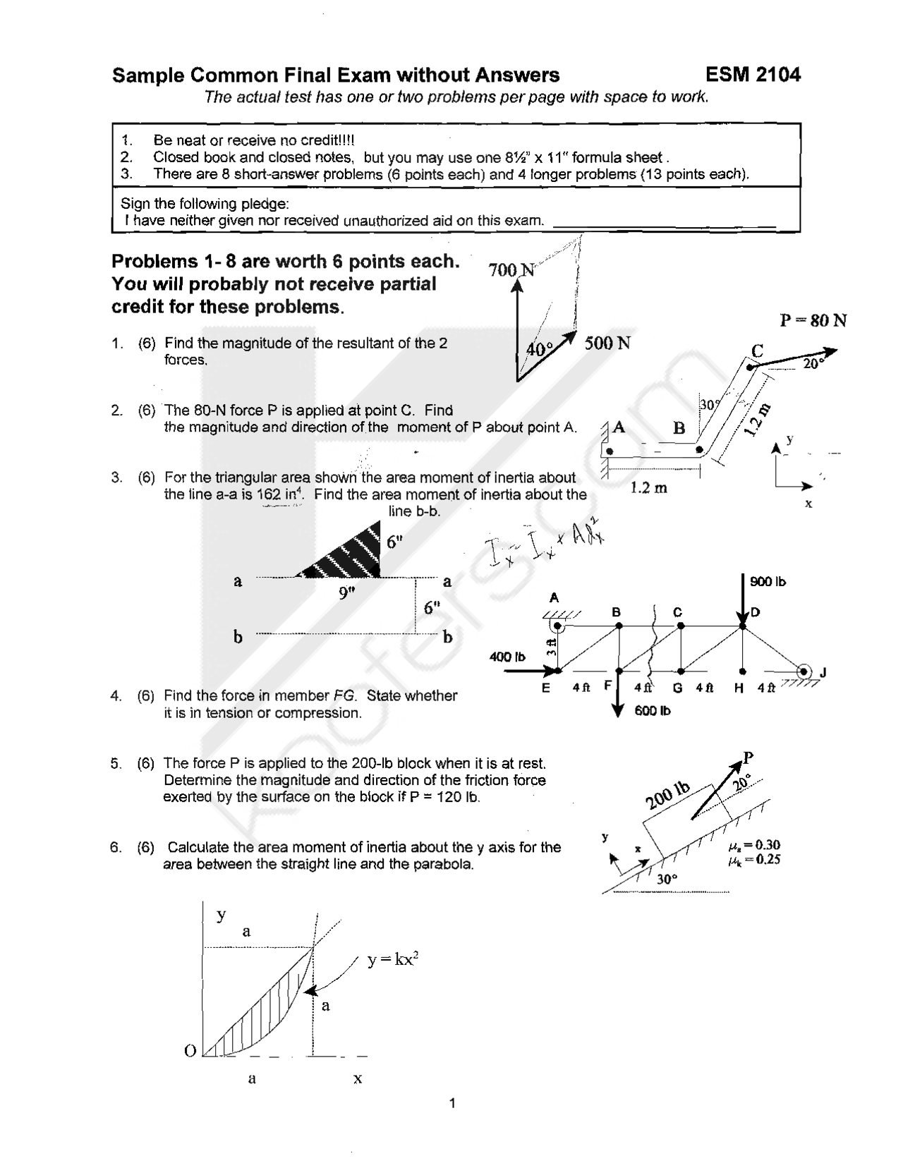 Sample Common Final Exam Questions Statics Esm 2104 Docsity