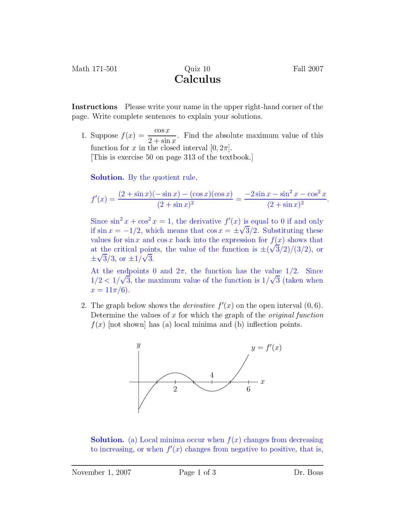 Solutions To Quiz 10 Questions Calculus With Analytic Geometry Math