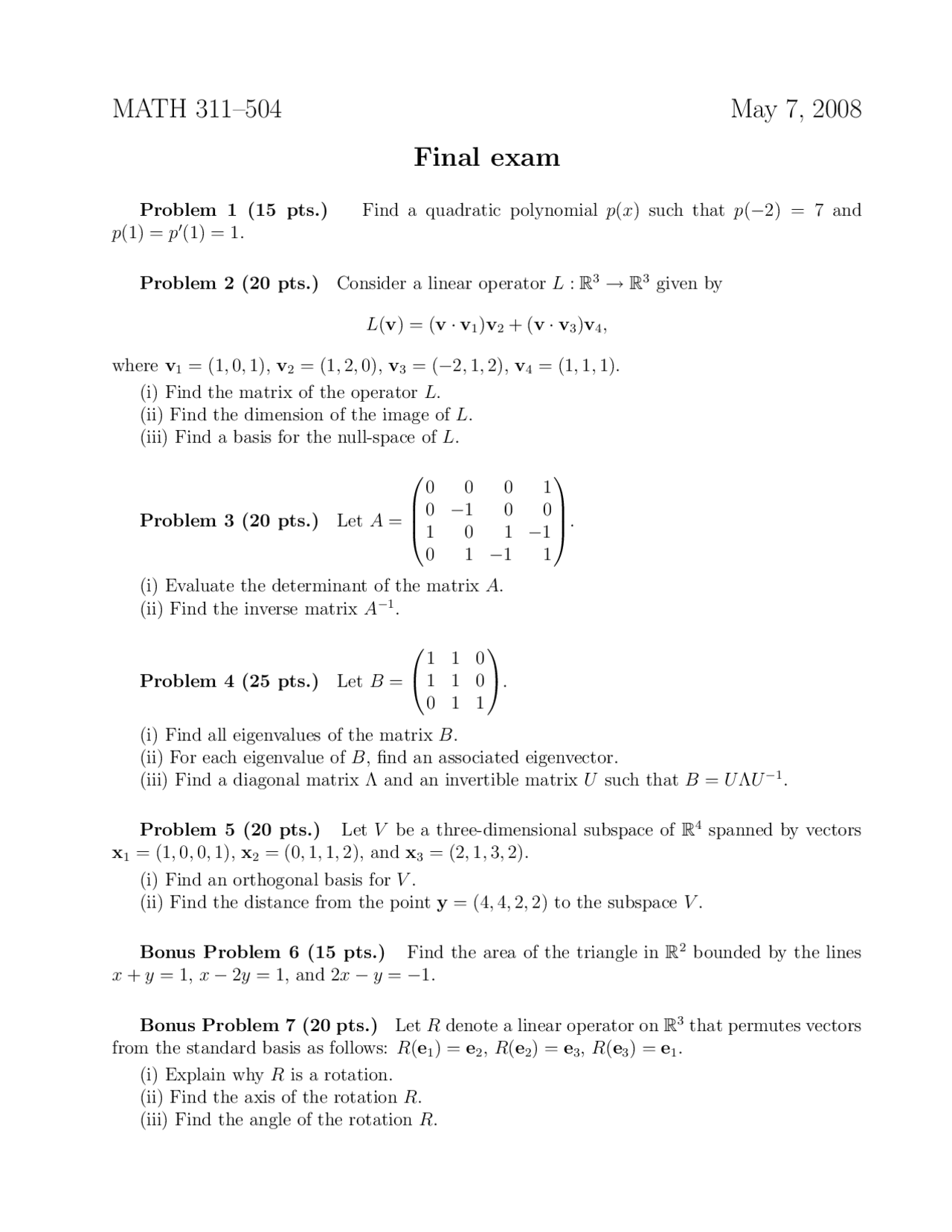7 Problems Final Exam Applied Mathematics I Math 311 Docsity