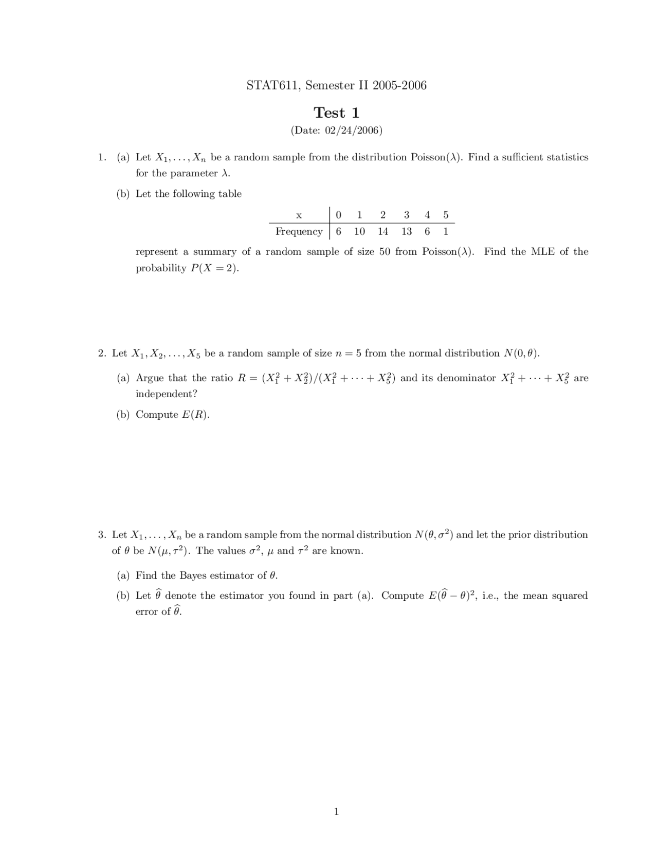 Test 1 Unsolved Questions Theory Of Inference Stat 611 Docsity