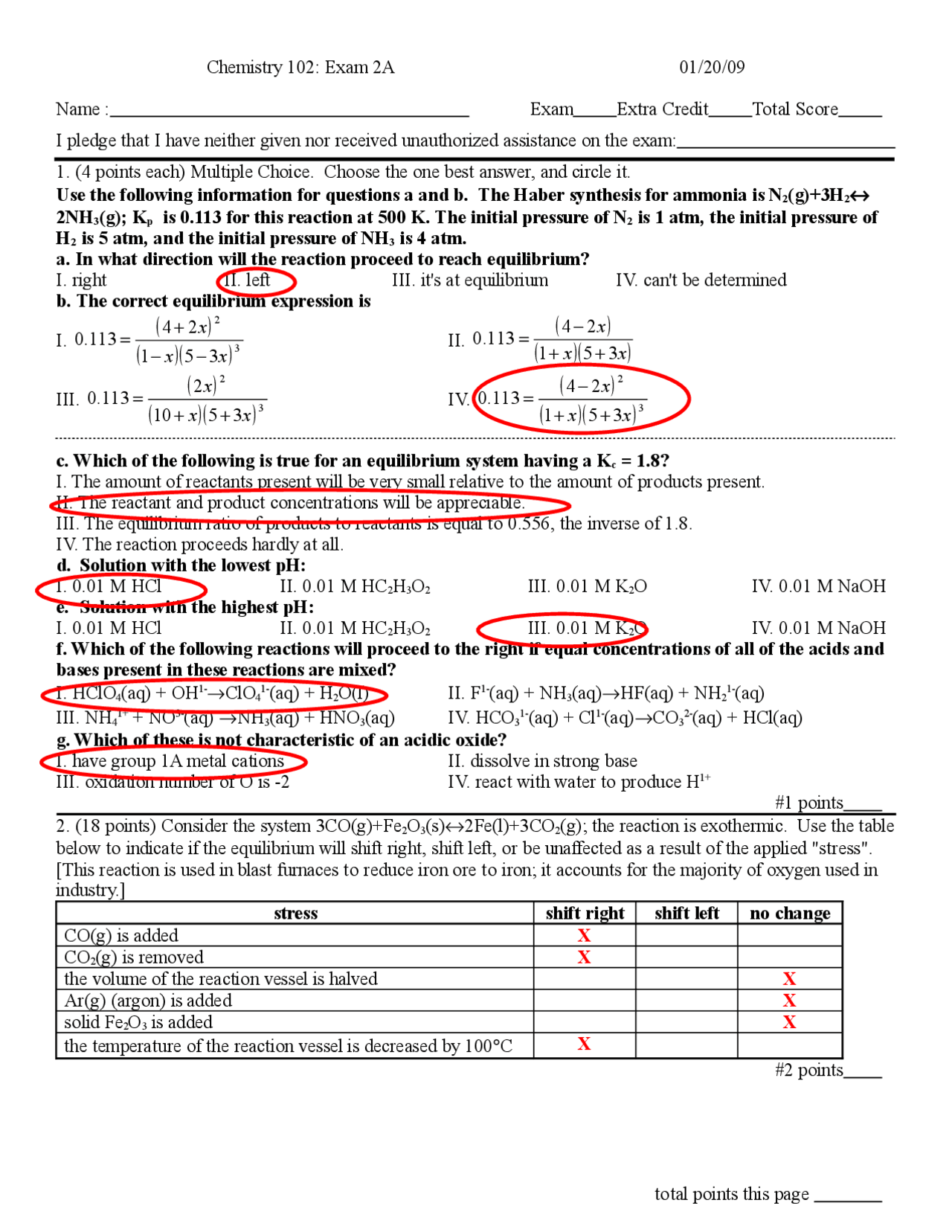 Exam 2A with Answer Key | General Chemistry II | CHEM 102 | Exams ...