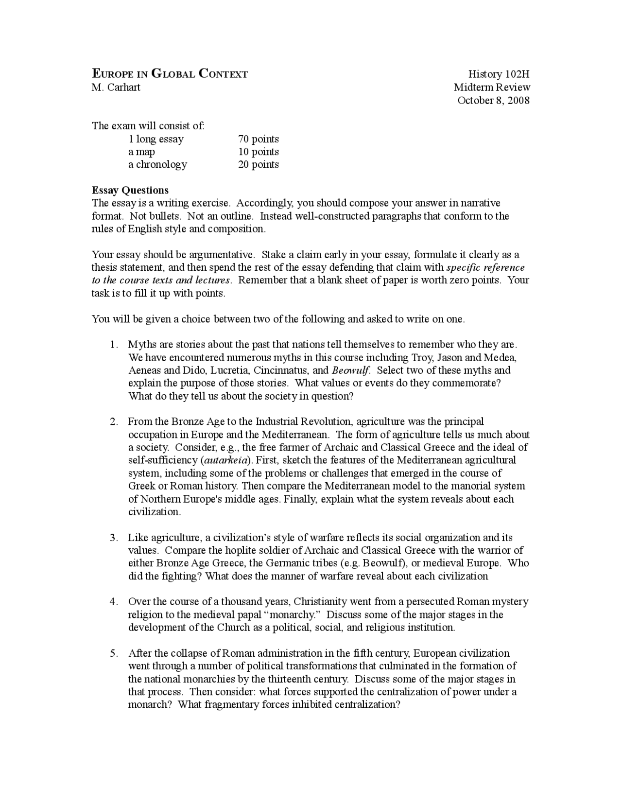 Interpreting the European Past - Midterm Review 2008 | HIST 102H - Docsity