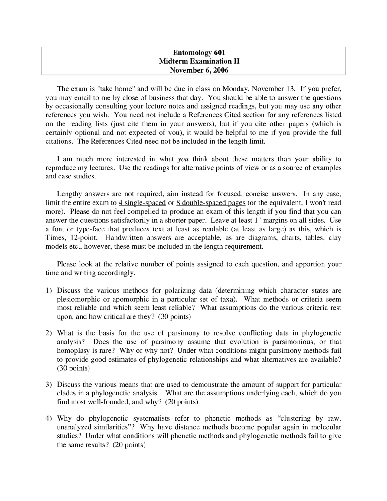 Principles Of Systematic Entomology Midterm Exam Ii Ento 601 Docsity
