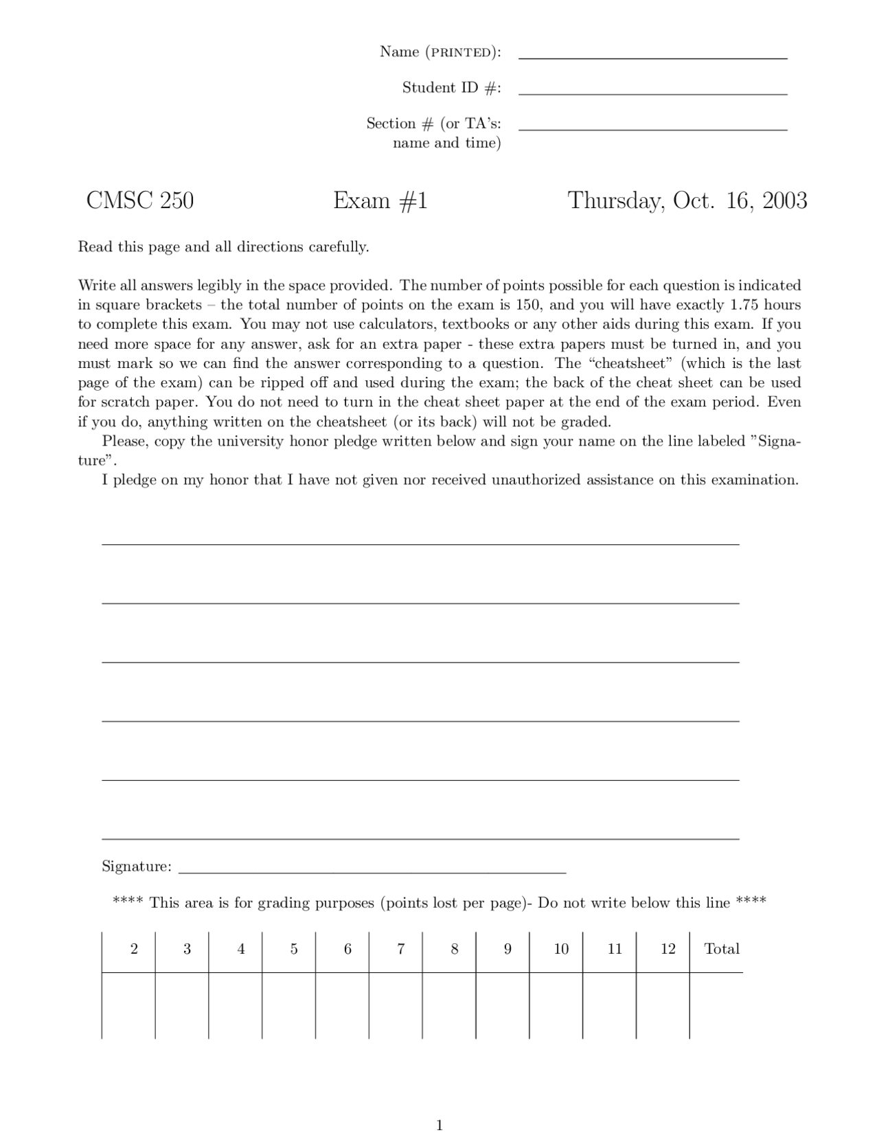 9 Questions Of Discrete Structures Examination 1 Cmsc 250 Docsity