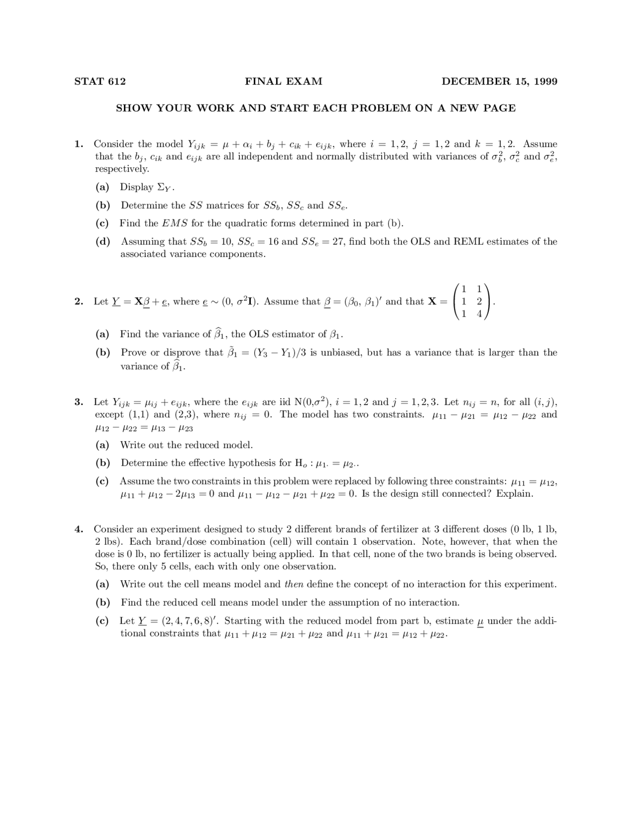 Theory Of Linear Models Old Exam 1999 Stat 612 Docsity