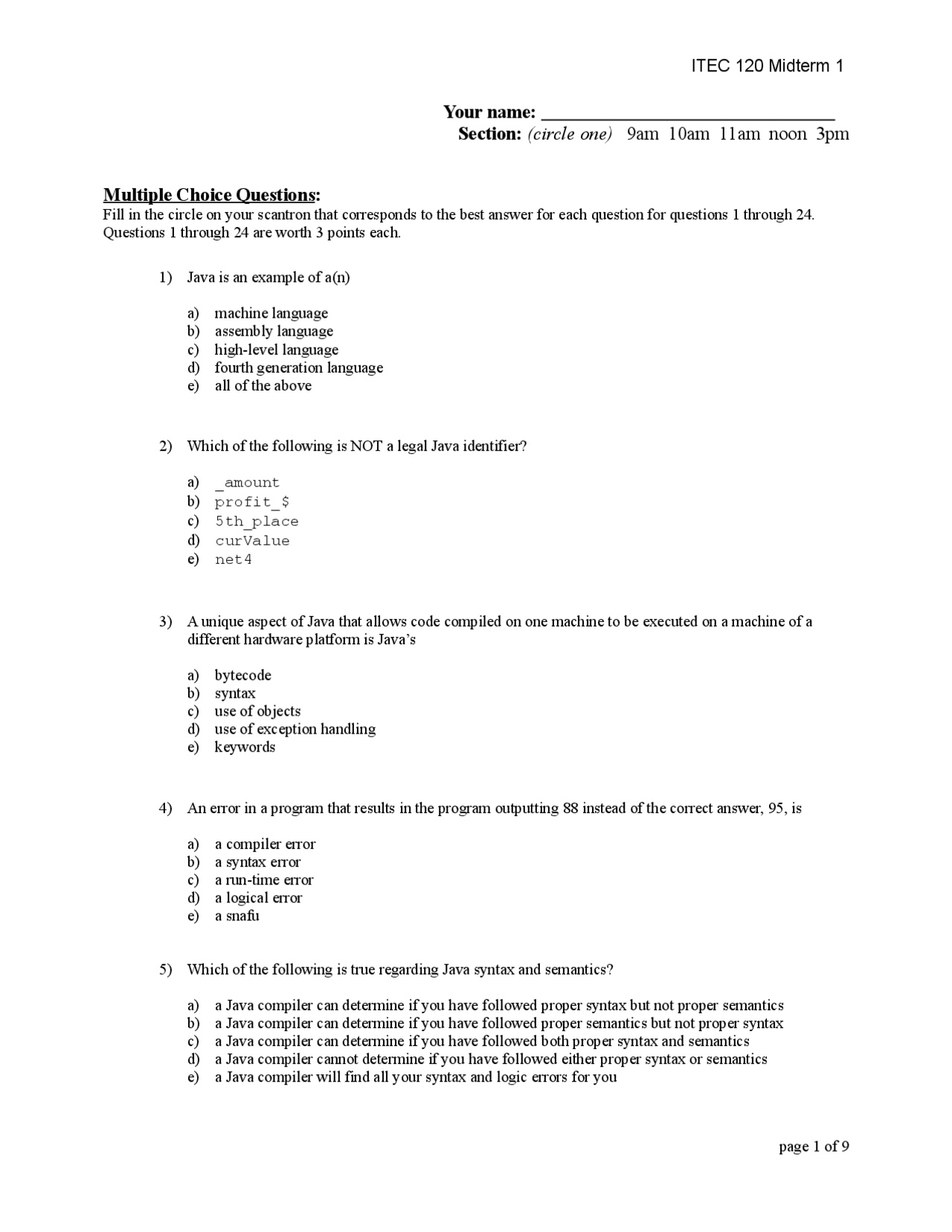 Midterm Exam 1 For Principles Of Computer Science I Itec 120 Docsity