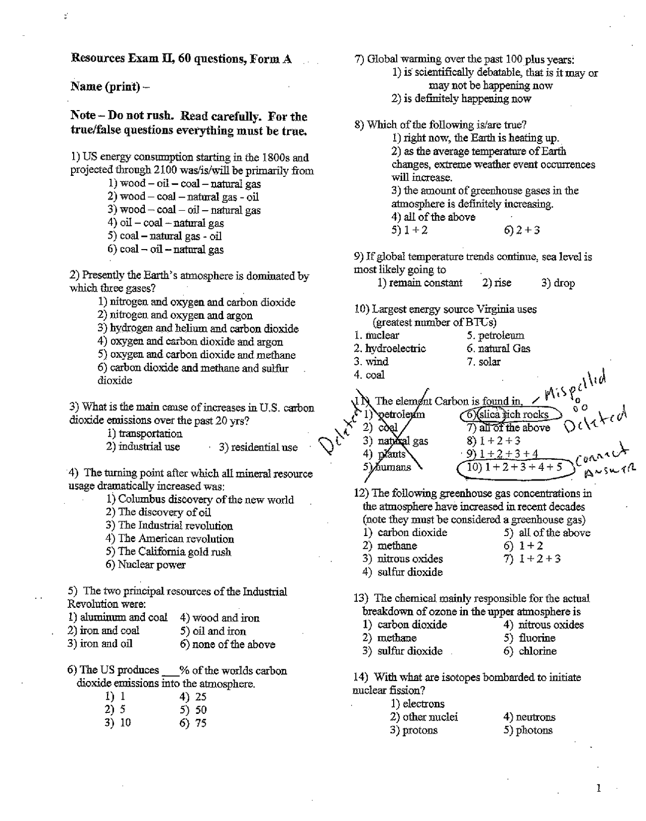 Exam 2 Questions Form A with Problems Solution - Resources Geology ...