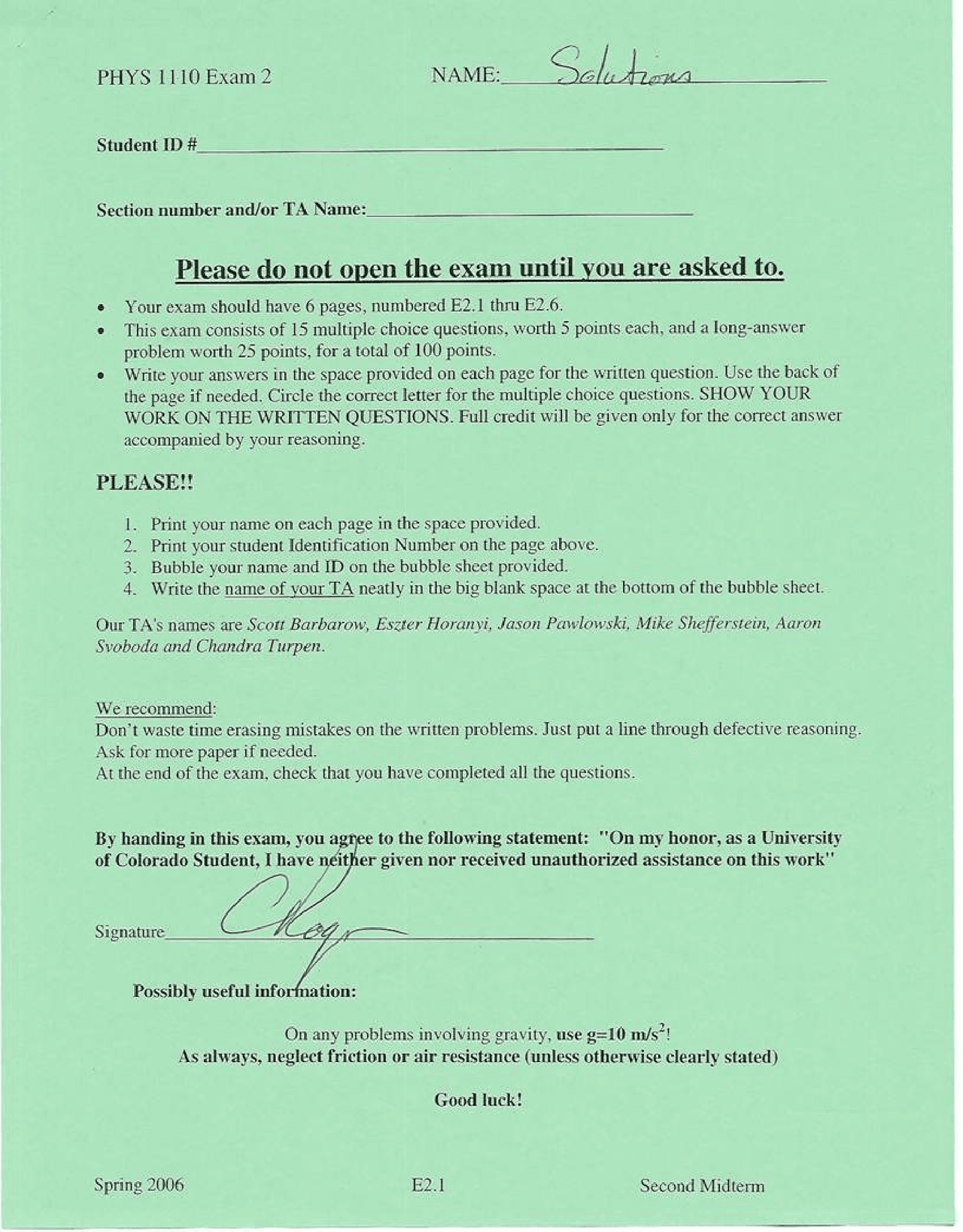 Solutions to Exam 2 for General Physics 1 | PHYS 1110 | Exams Physics | Docsity