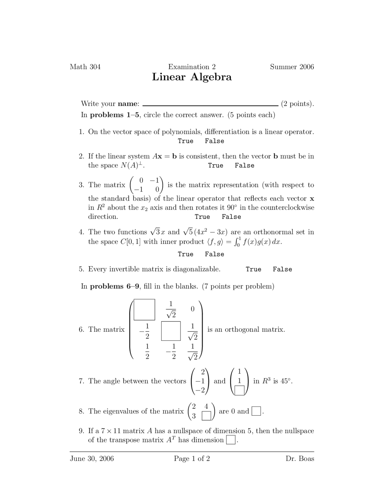 12 Problems Examination 2 - Linear Algebra | MATH 304 - Docsity