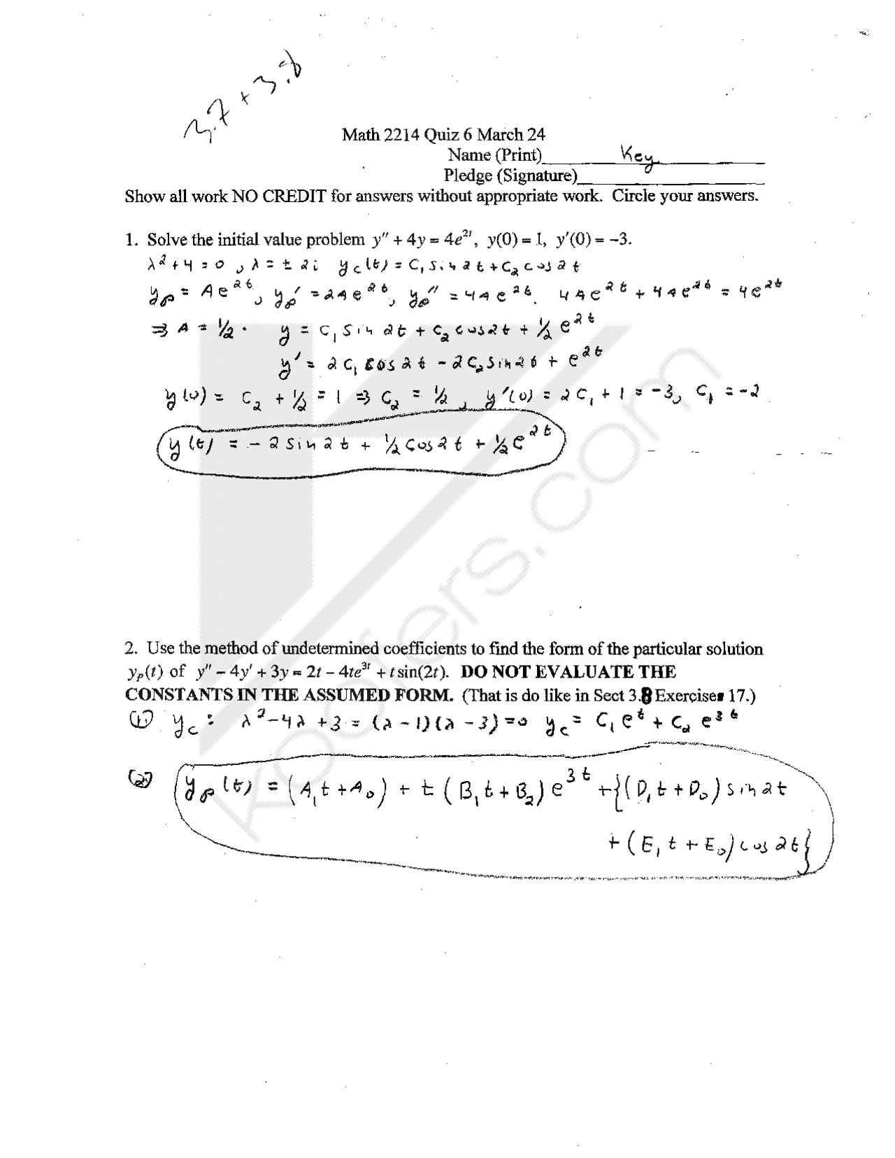 Solved Quiz 6 Introduction To Differential Equations Math 2214 Docsity
