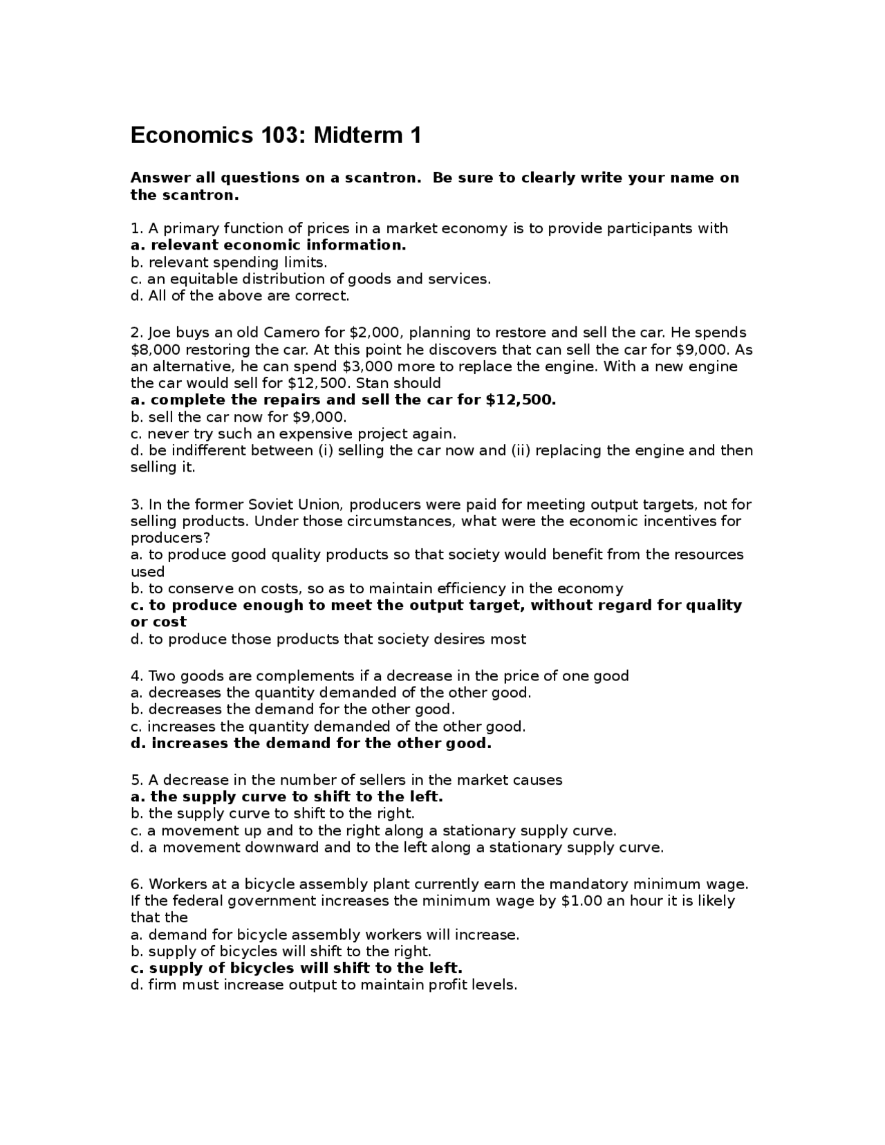 Midterm Exam Mcqs Answers Microeconomic Principles Econ 103 Docsity