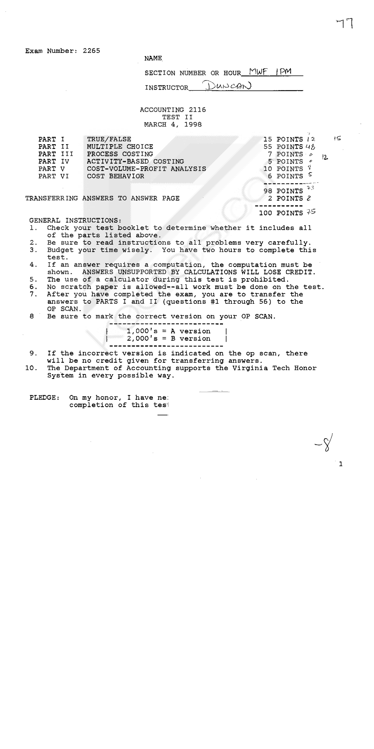 Test 2 Duncan Principles Of Accounting Acis 2116 Docsity
