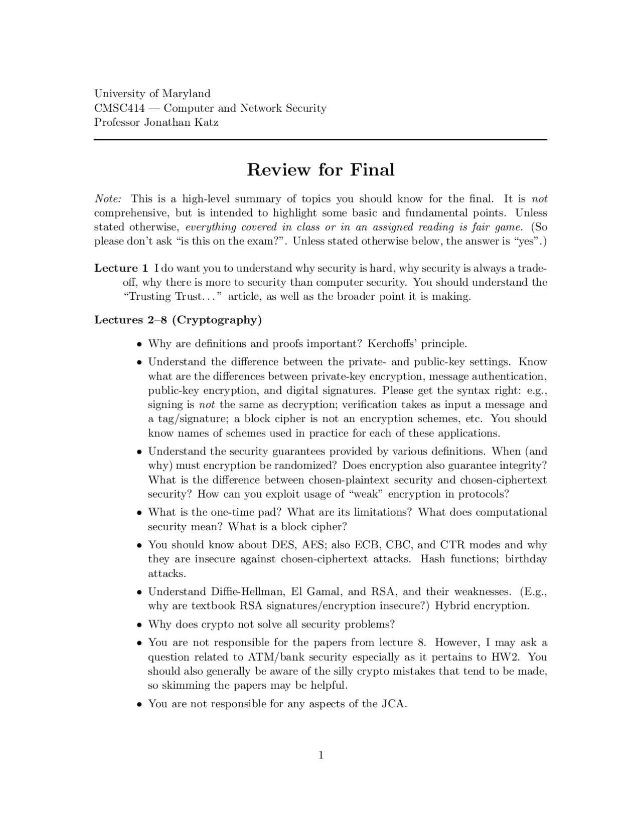 Computer and Networks Security - Review Sheet | CMSC 414 - Docsity
