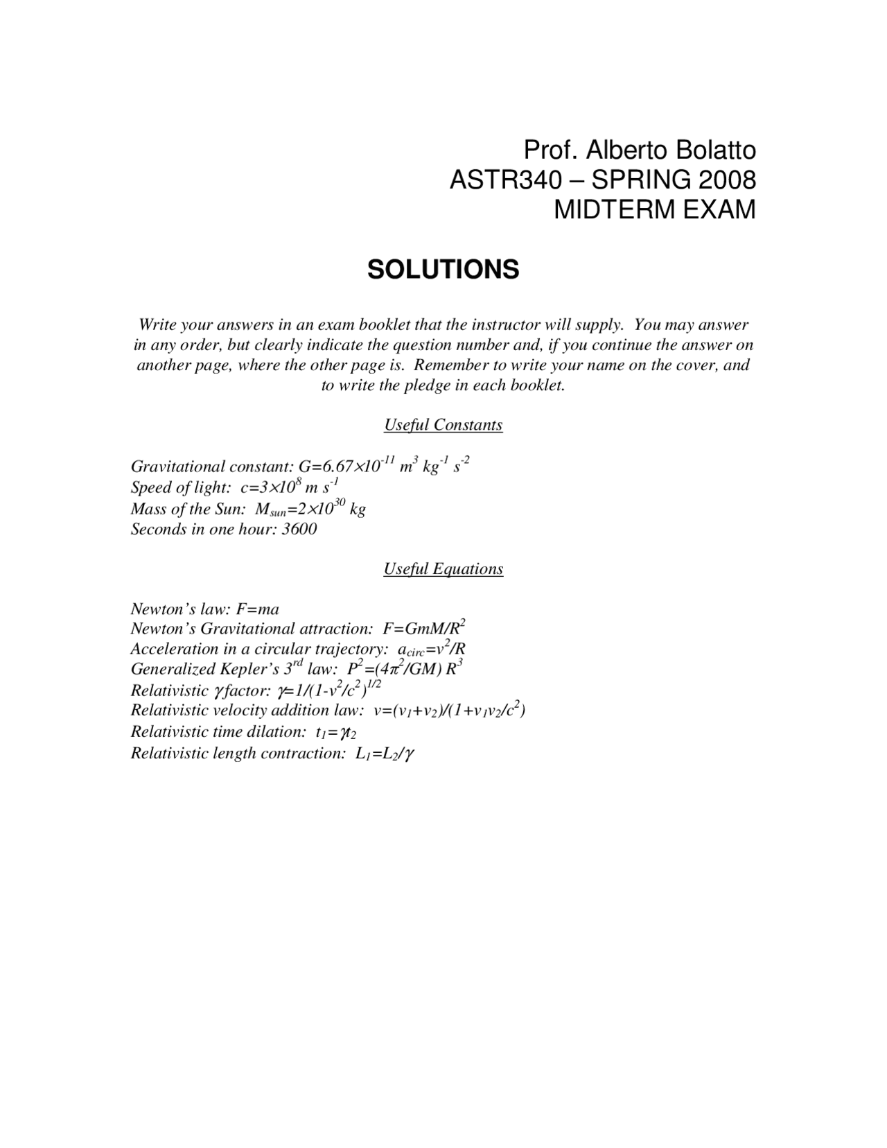 Midterm Exam Solutions Origin Of Universe Spring 2008 Astr 340