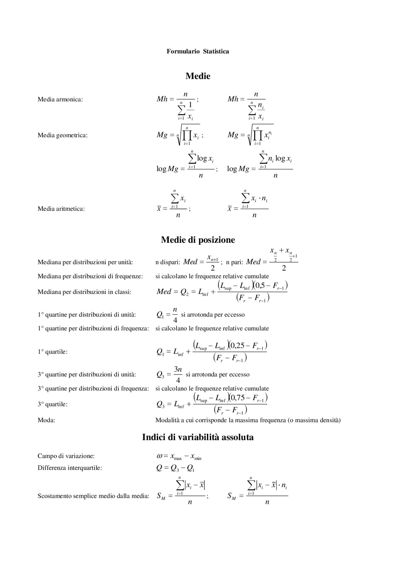 STATISTICA - FORMULARIO | Formulari di Statistica Economica | Docsity