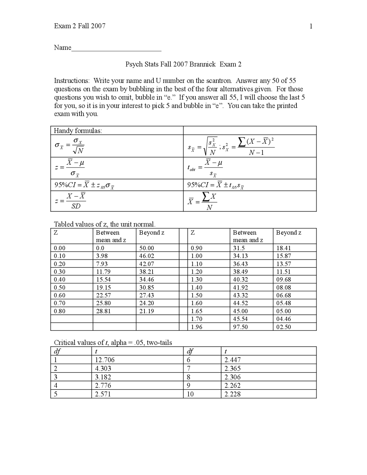 Practice Exam 2 Psychological Statistics Psy 3204 Docsity