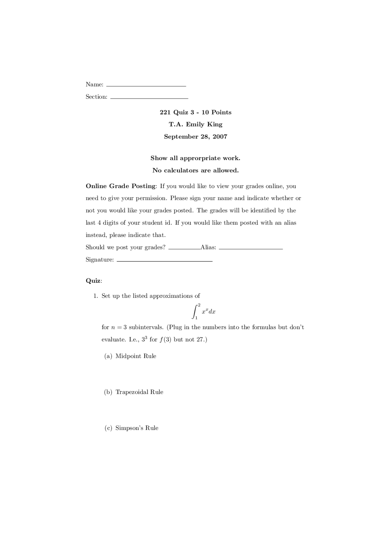 Practice Questions For Quiz 3 Elementary Calculus Ii Math 221 Docsity