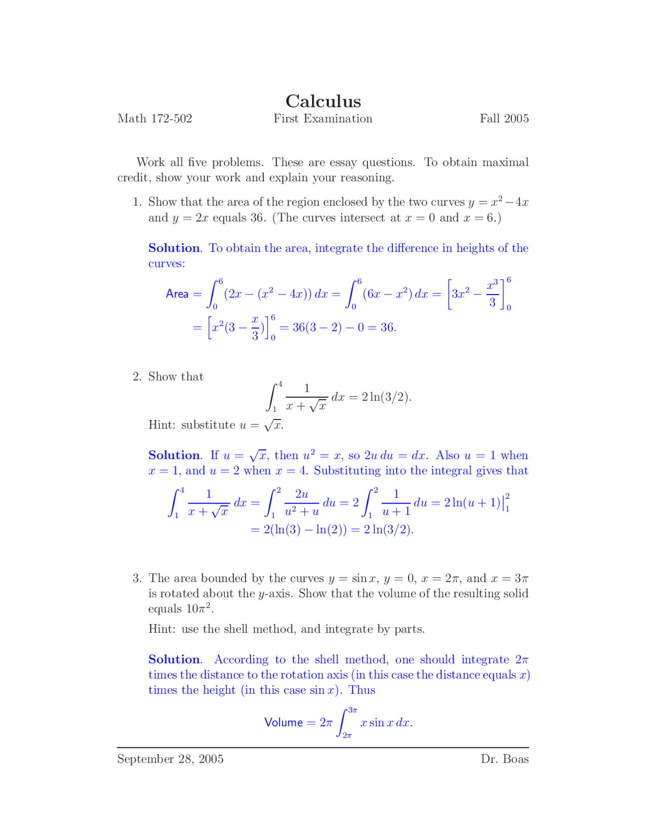 Exam 1 With Solutions For Honors Calculus Fall 2005 Math 172 Docsity