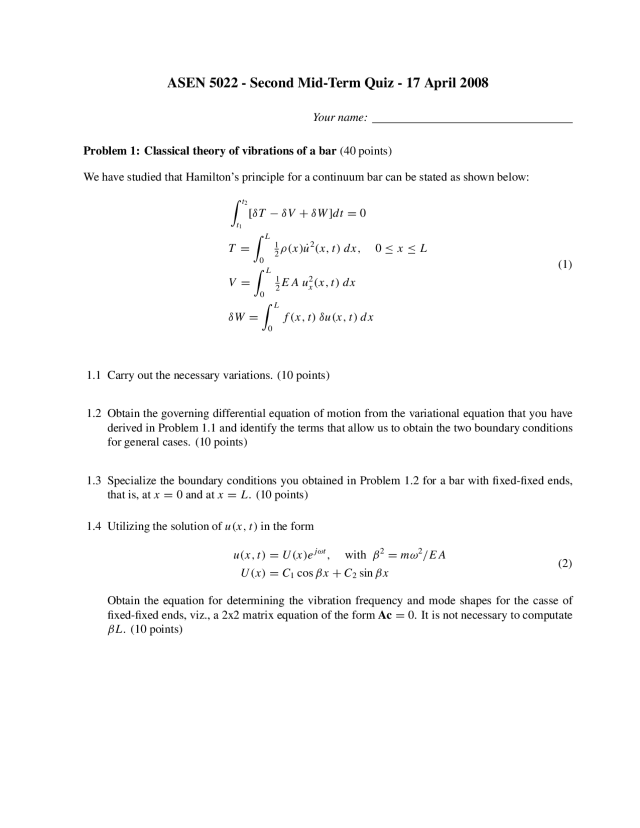 Midterm Quiz 2 On Dynamics Of Aerospace Structures With Solutions