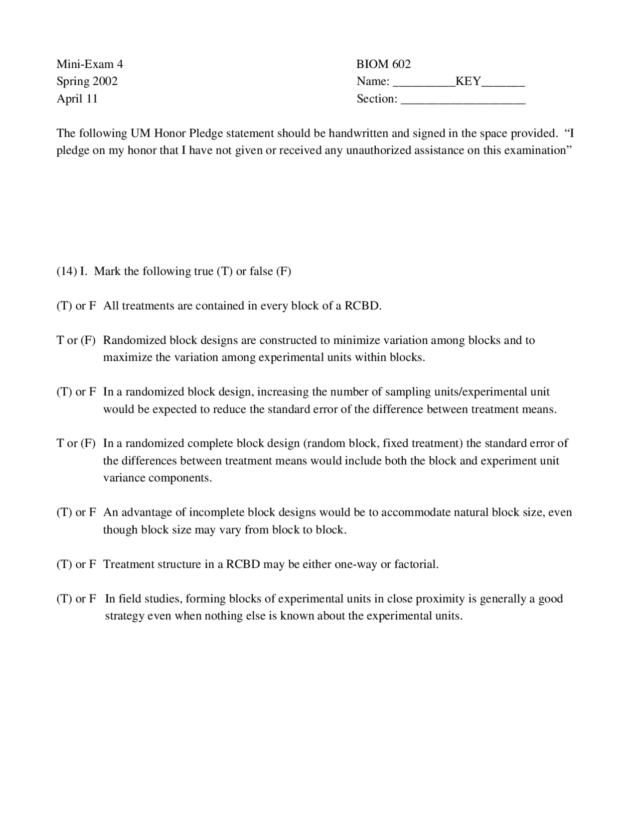 Biostatistics Ii Answer Key For Exam 4 Biom 602 Docsity