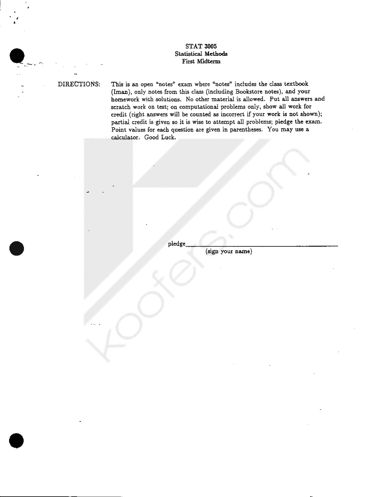 Midterm 1 Solutions Statistical Methods Stat 3005 Docsity