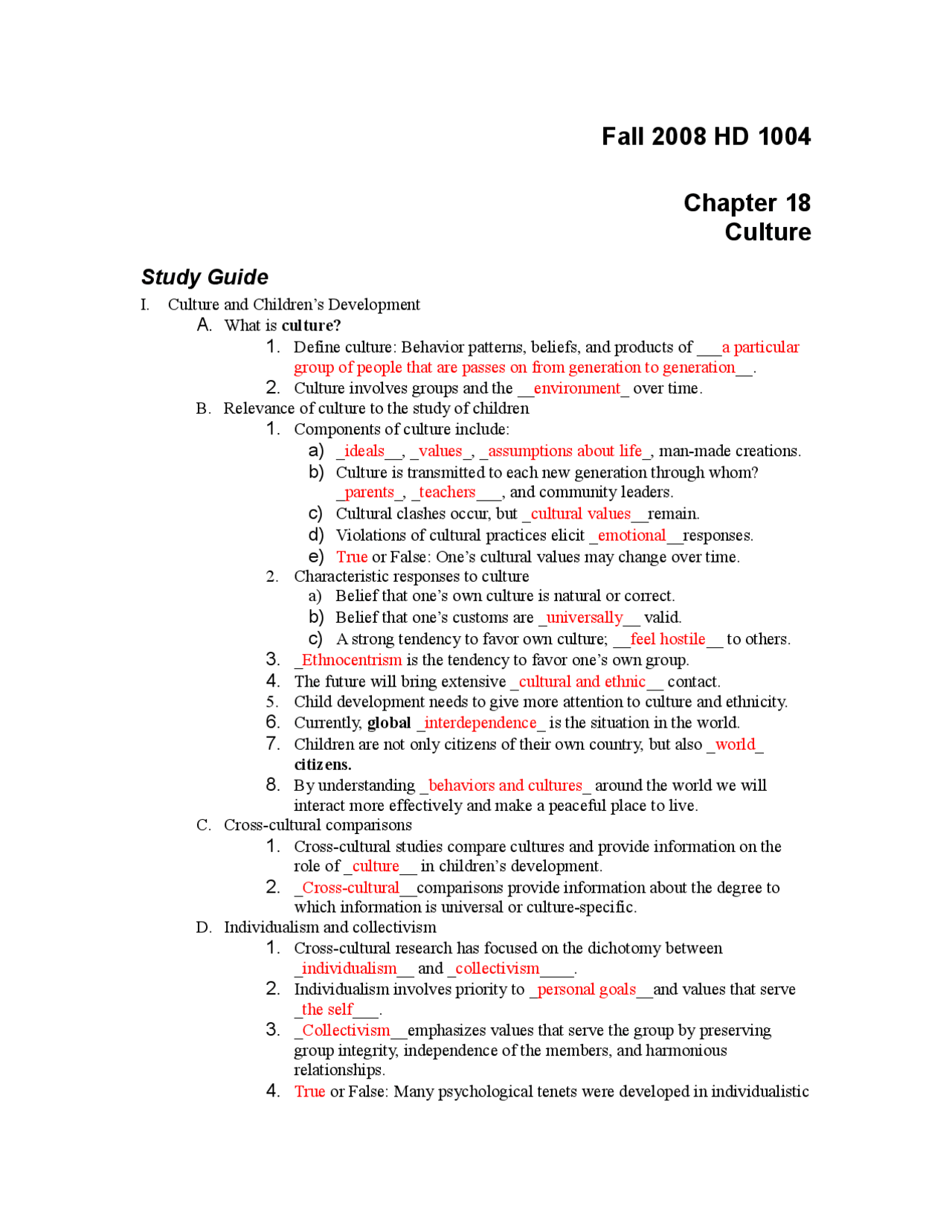 Study Guide for Exam - Human Development I | HD 1004 - Docsity