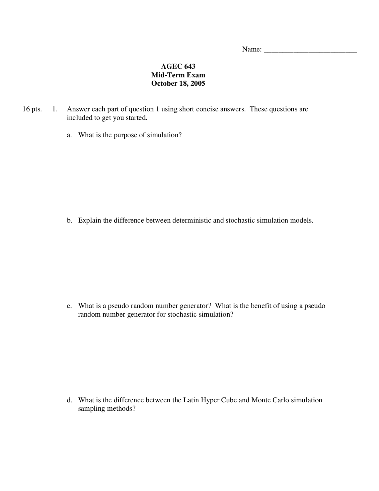 Sample Questions For Midterm Exam Applied Simulation For Economic