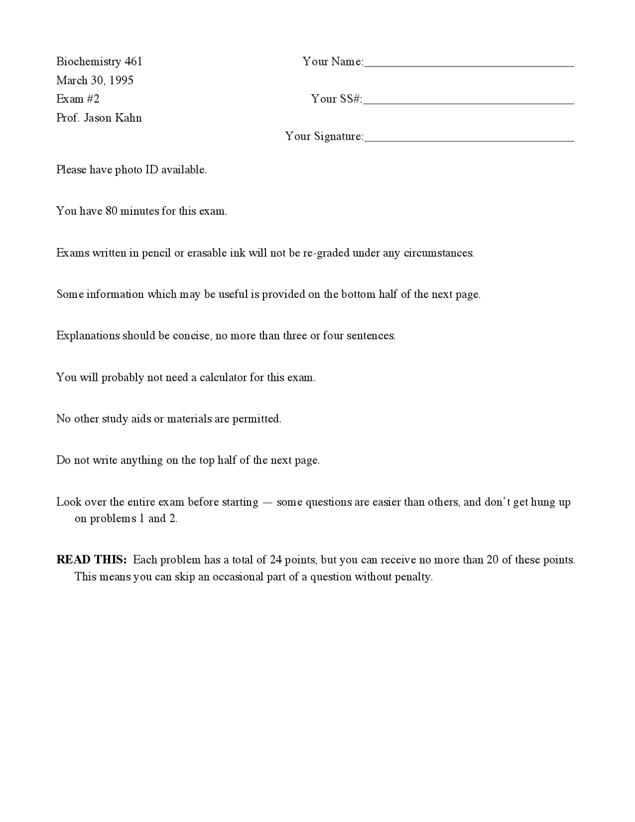 Old Test 2 Questions Fall 1995 Biochemistry I Bchm 461 Docsity