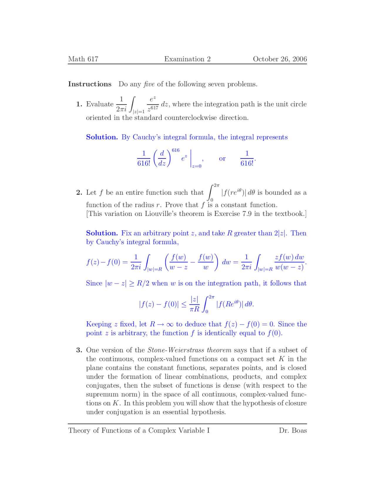 Old Examination 2 With Solutions Complex Variables I Math 617 Docsity
