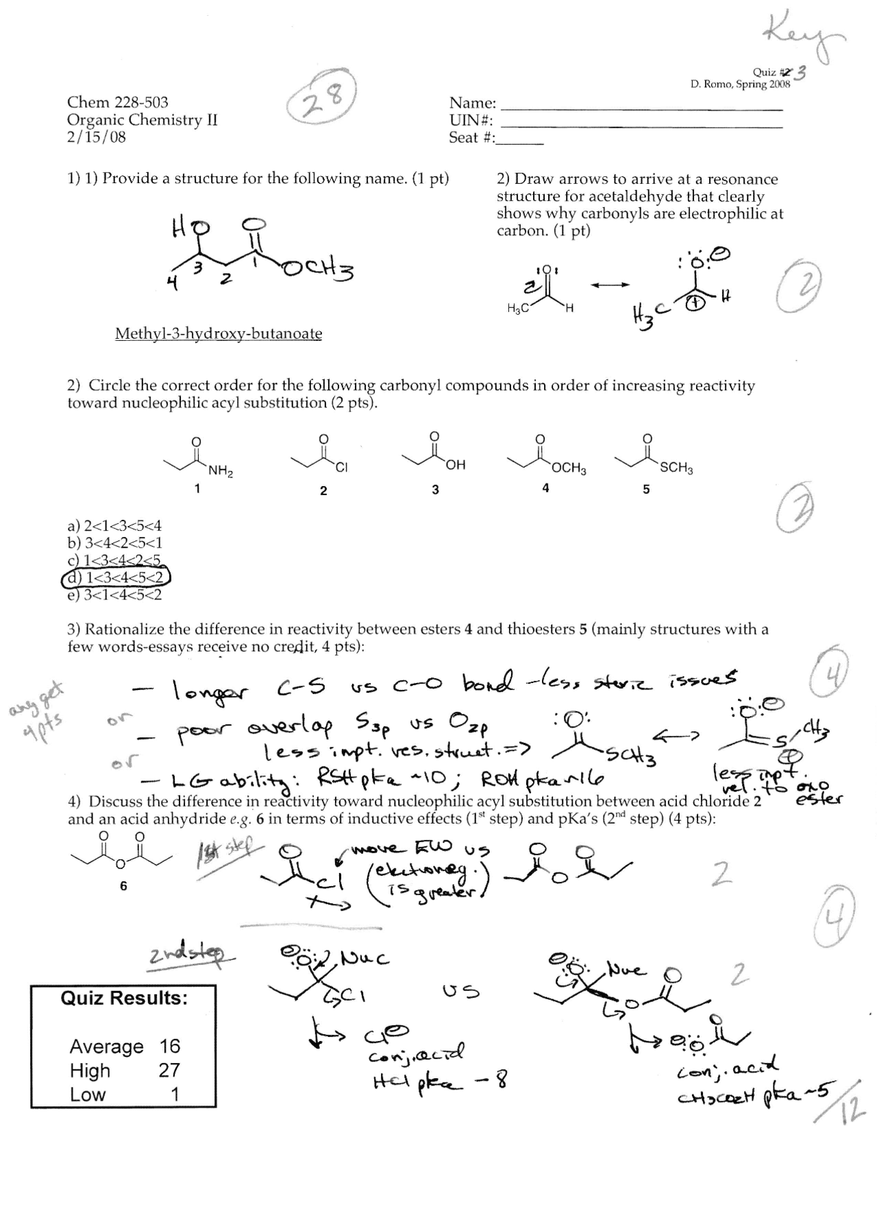 Organic Chemistry II Quiz - Spring 2008 by D. Romo - Prof. Daniel Romo ...
