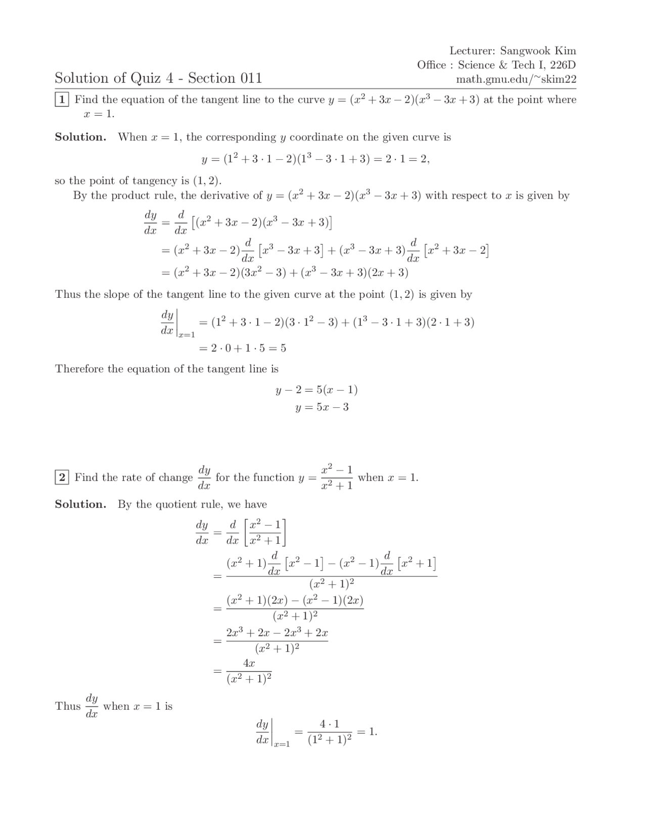 Find Equation Of Tangent Line Quiz 4 Solution Calculus Math 1205