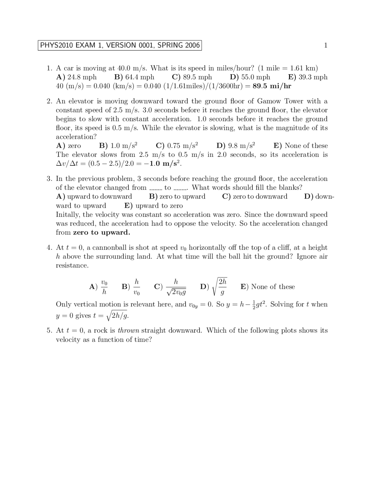 Solved Exam 1 for General Physics 1 | PHYS 2010 | Exams Physics | Docsity