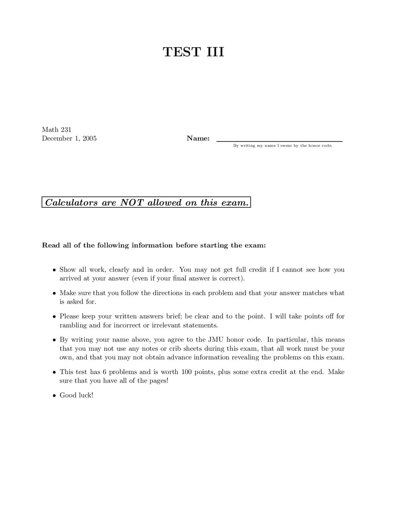 6 Problems on Calculus with Functions I - Examination 3 | MATH 231 - Docsity