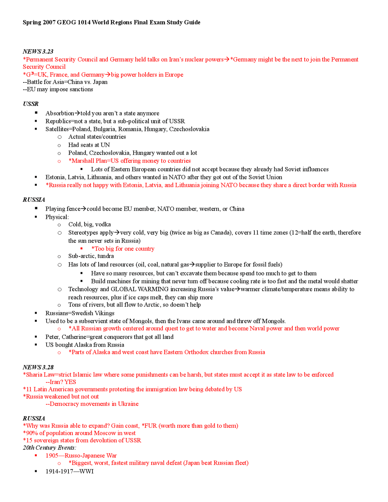 Introduction to World Regions - Final Exam Study Guide | GEOG 1014 ...