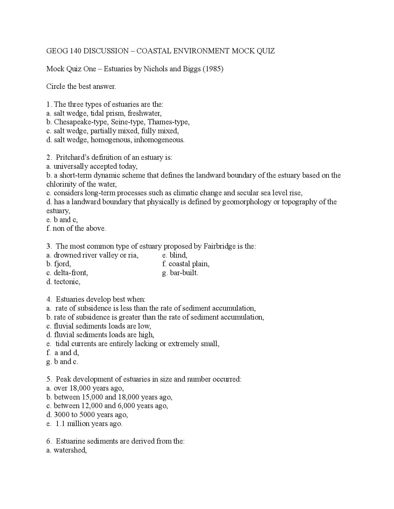 Discussion Coastal Environment Mock Quiz Natural Disasters Geog 140