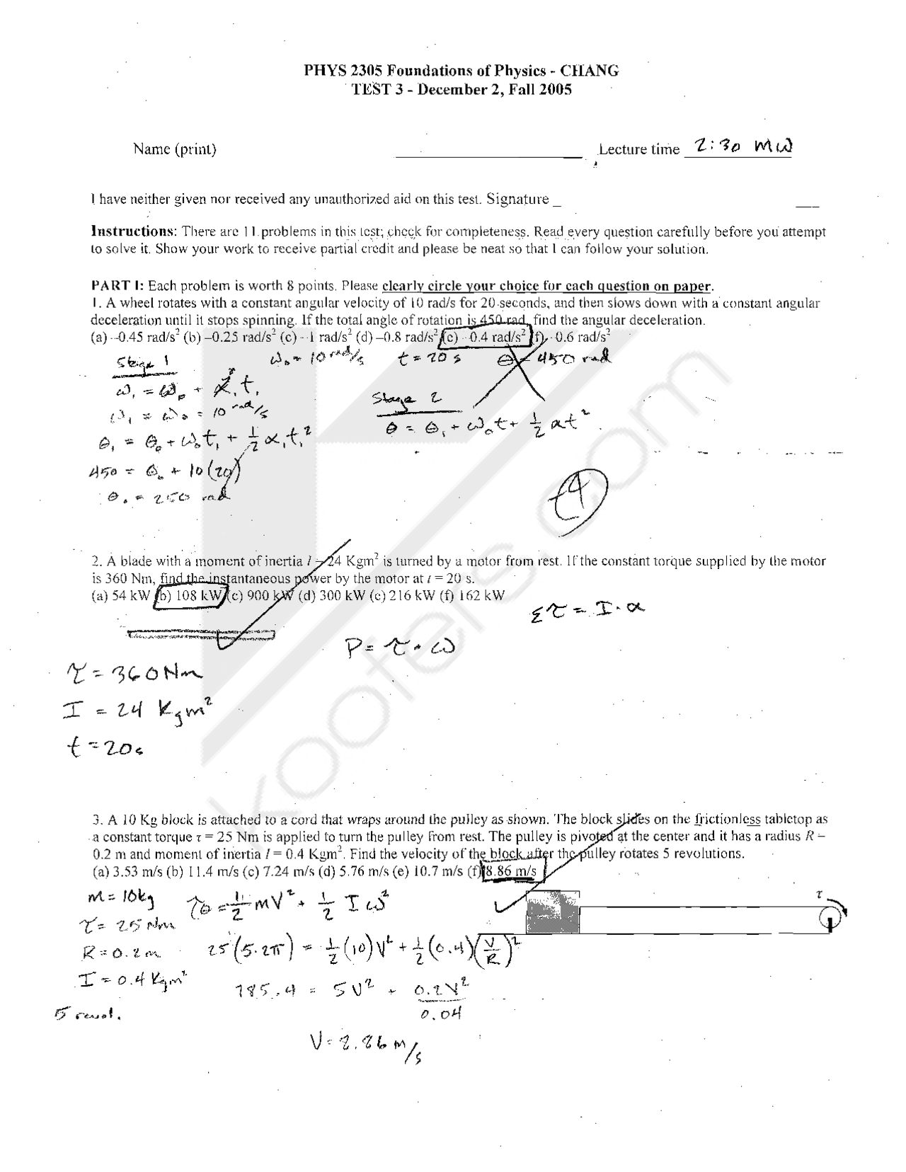 Test 3 Questions on Foundations of Physics I with Answers | PHYS 2305 ...
