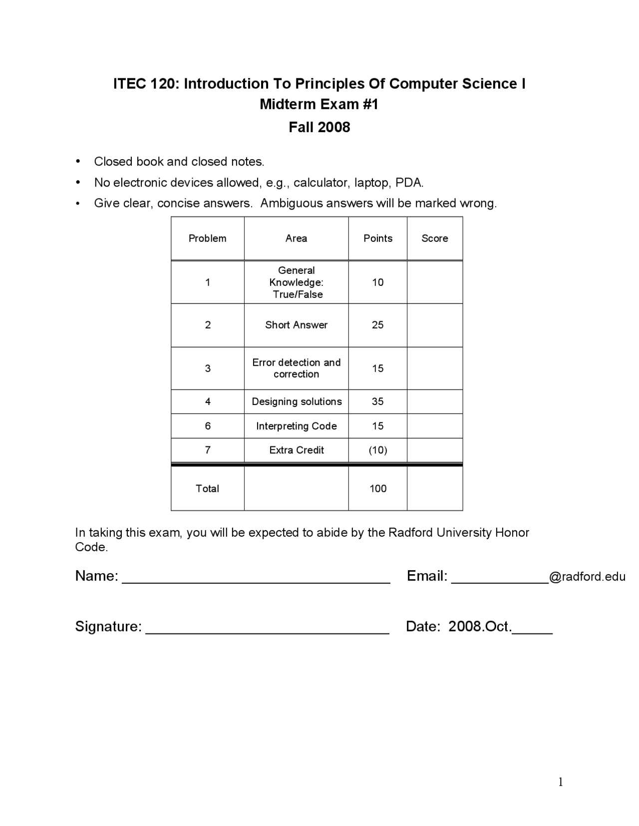 Principles of Computer Science I - Midterm Exam | ITEC 120 | Exams Computer Science | Docsity