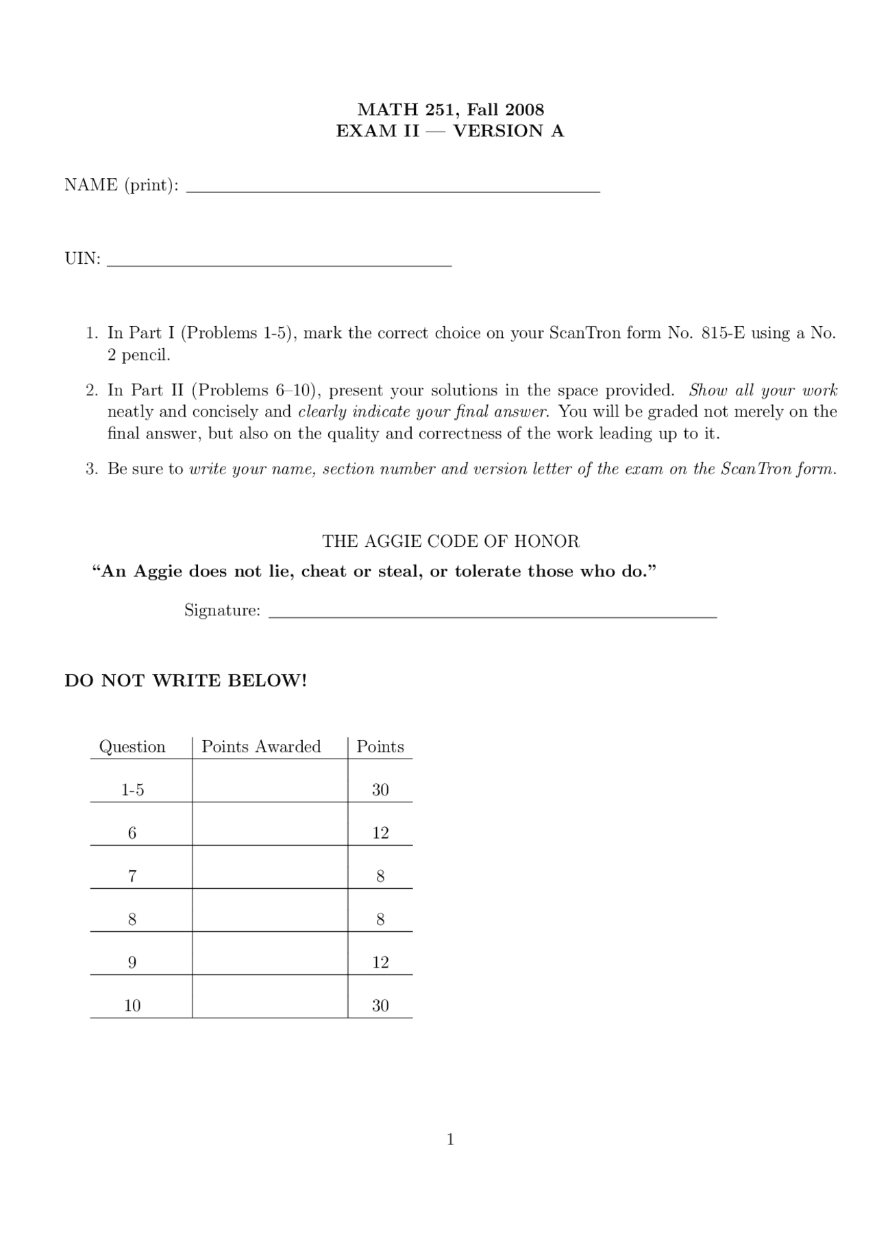 Practice Exam Ii Fall 2008 Engineering Mathematics I Math 251