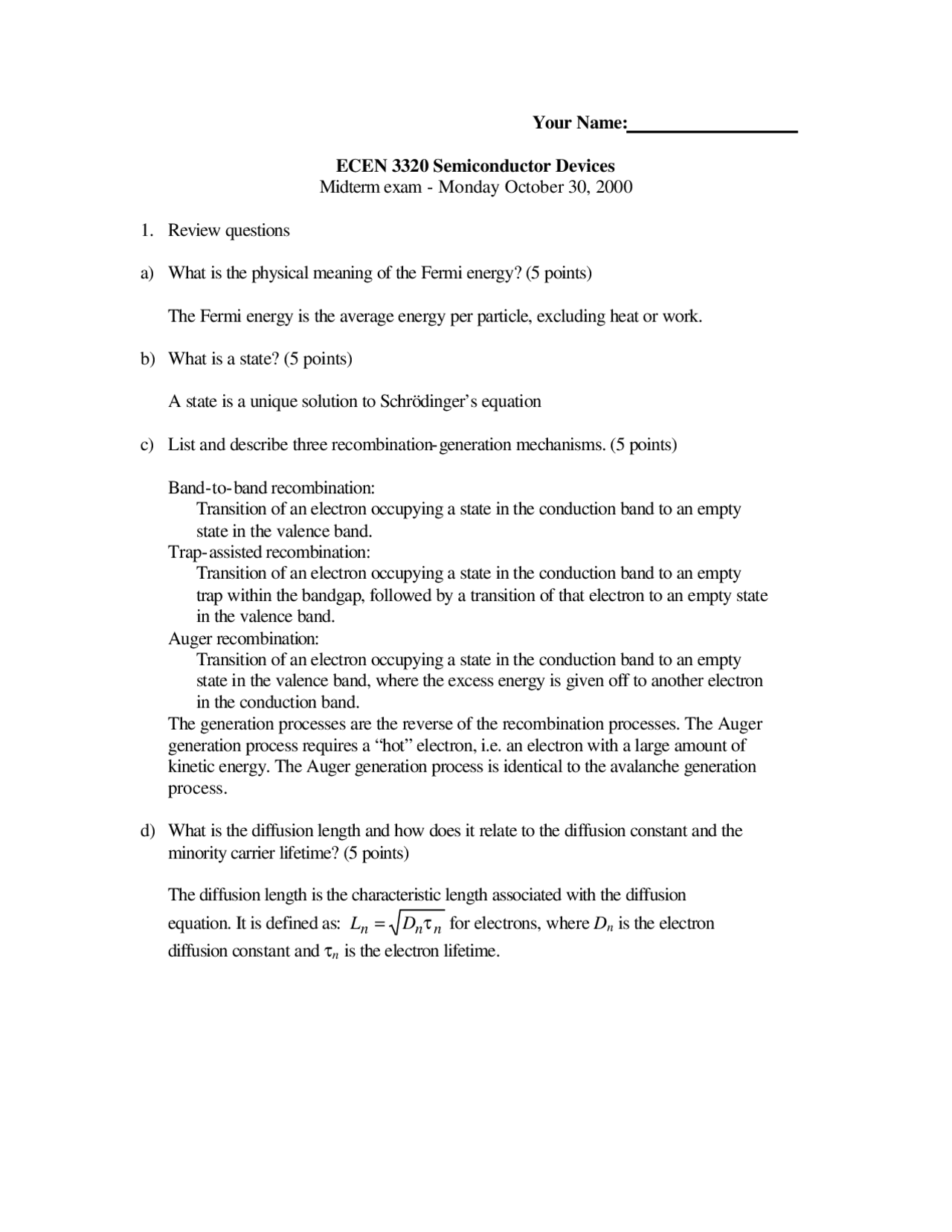 4 Review Questions Midterm Exam Semiconductor Ecen 3320 Docsity