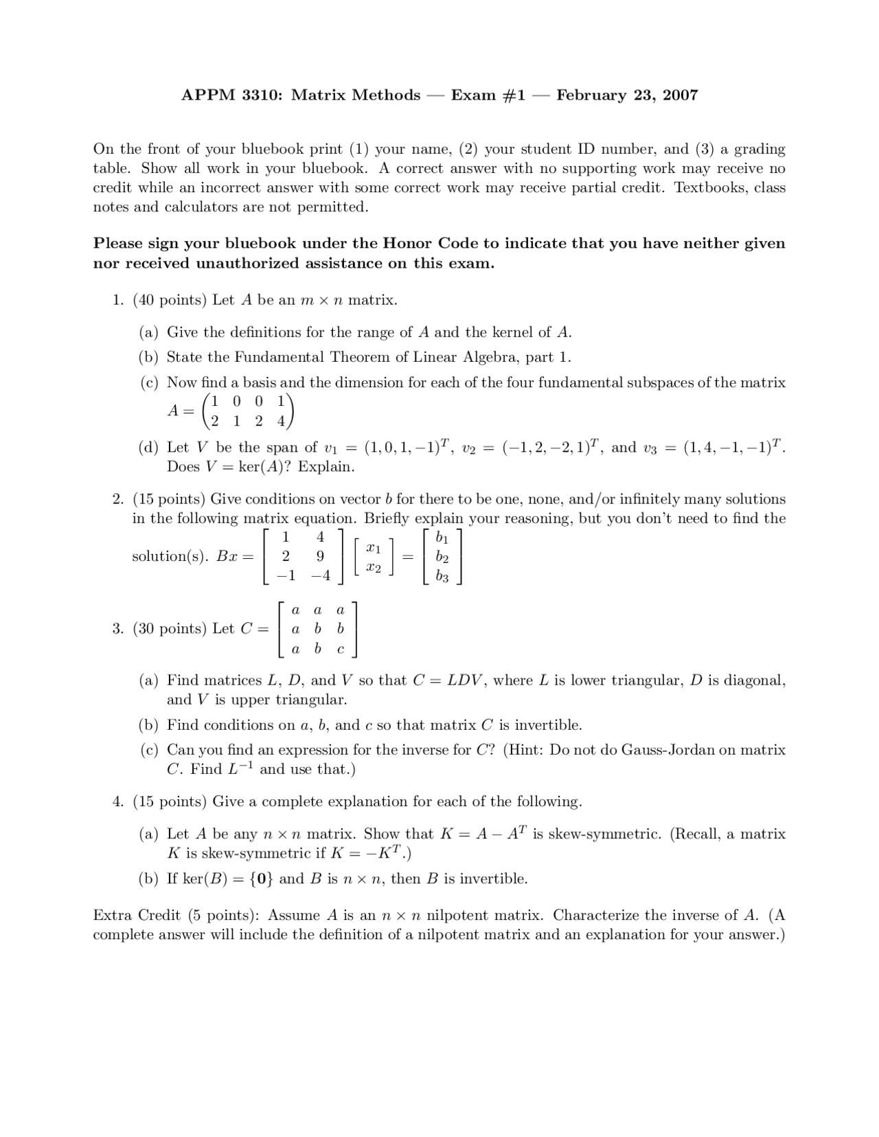 Exam 1 Questions On Matrix Methods And Applications Appm 3310 Docsity