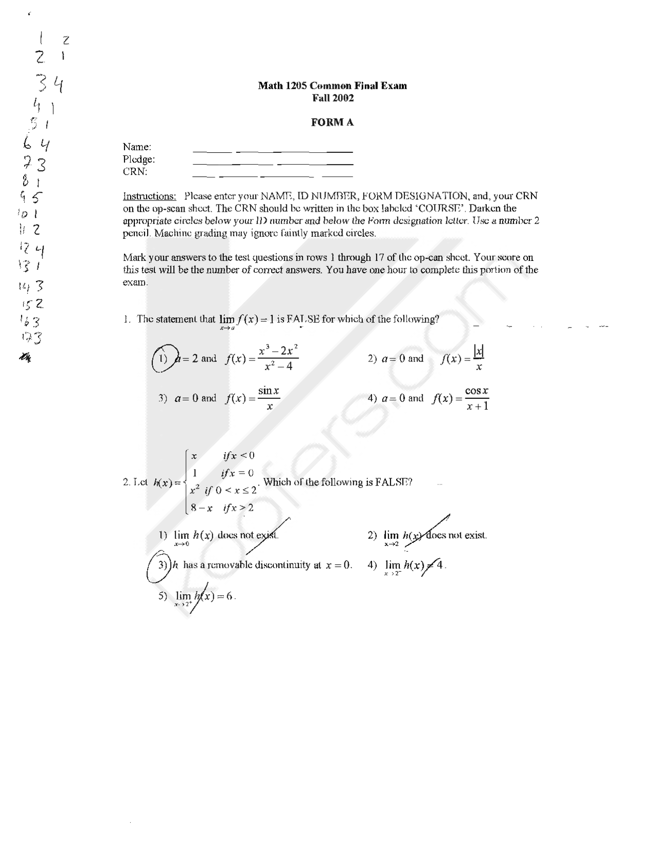 Calculus Final Exam A With Answer Key Math 1205 Docsity